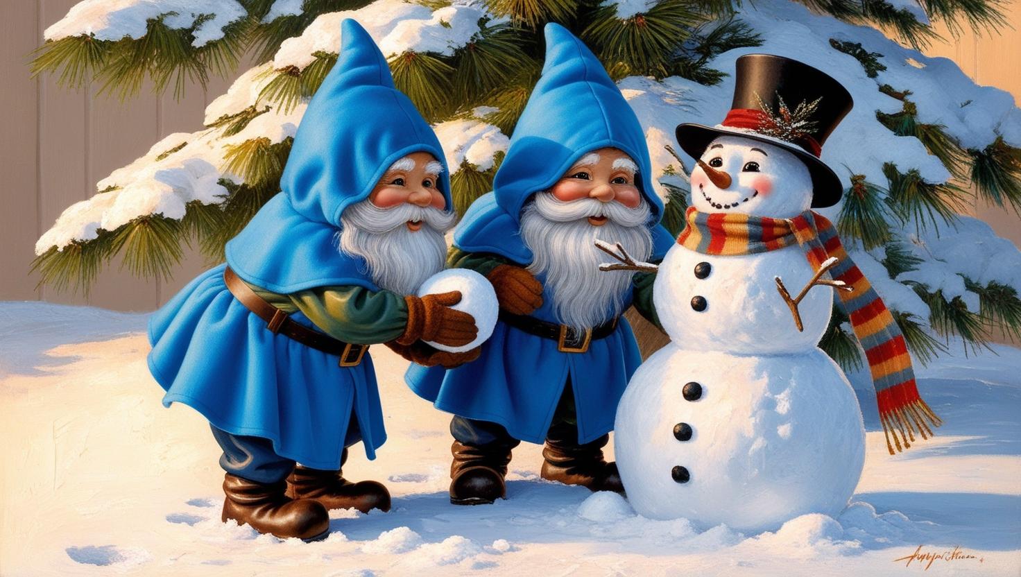 Gnomes in blue building snowmen 4 pngs digital download – Hendrick Studios